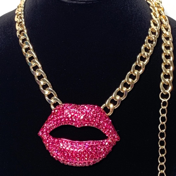 Jewelry | Hot Pink Sparkle Lips Gold Chain Necklace | Poshmark